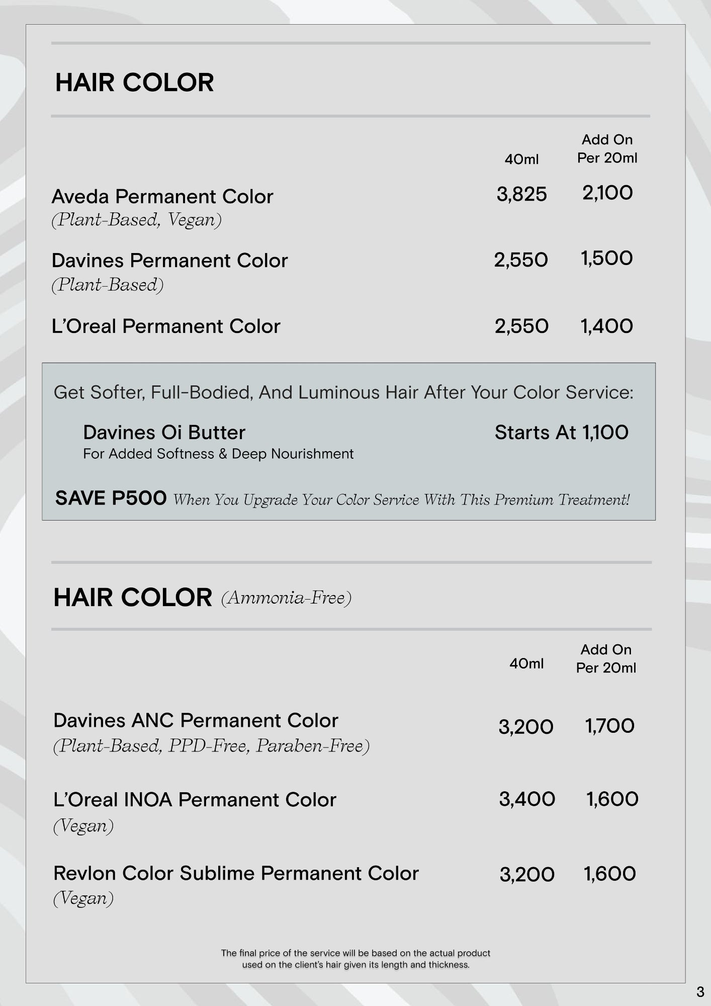HairMNL Studio Service Menu